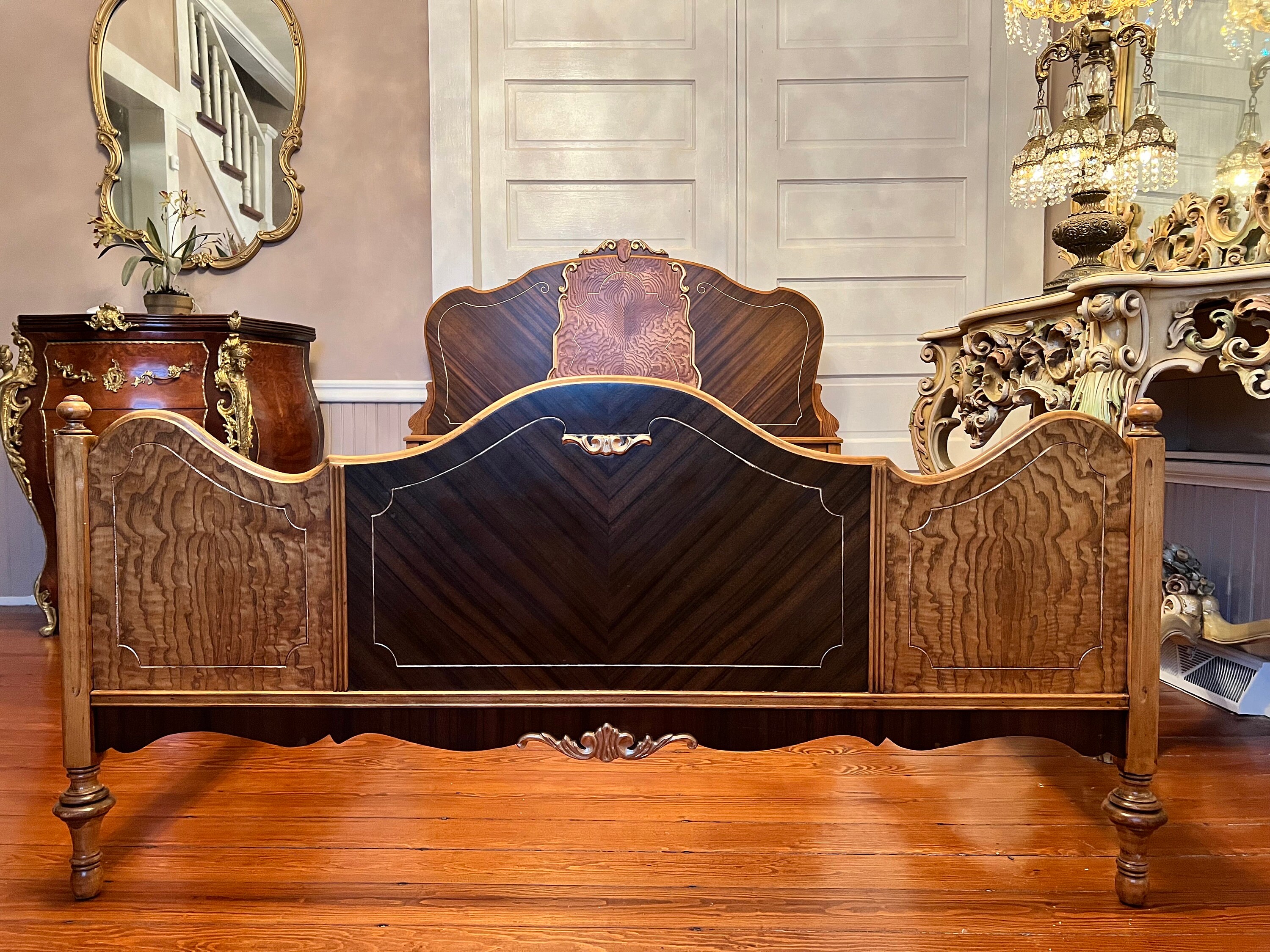 Vintage Antique Full Size Bed Art Nouveau Art Deco Wood Grain and Gold ...