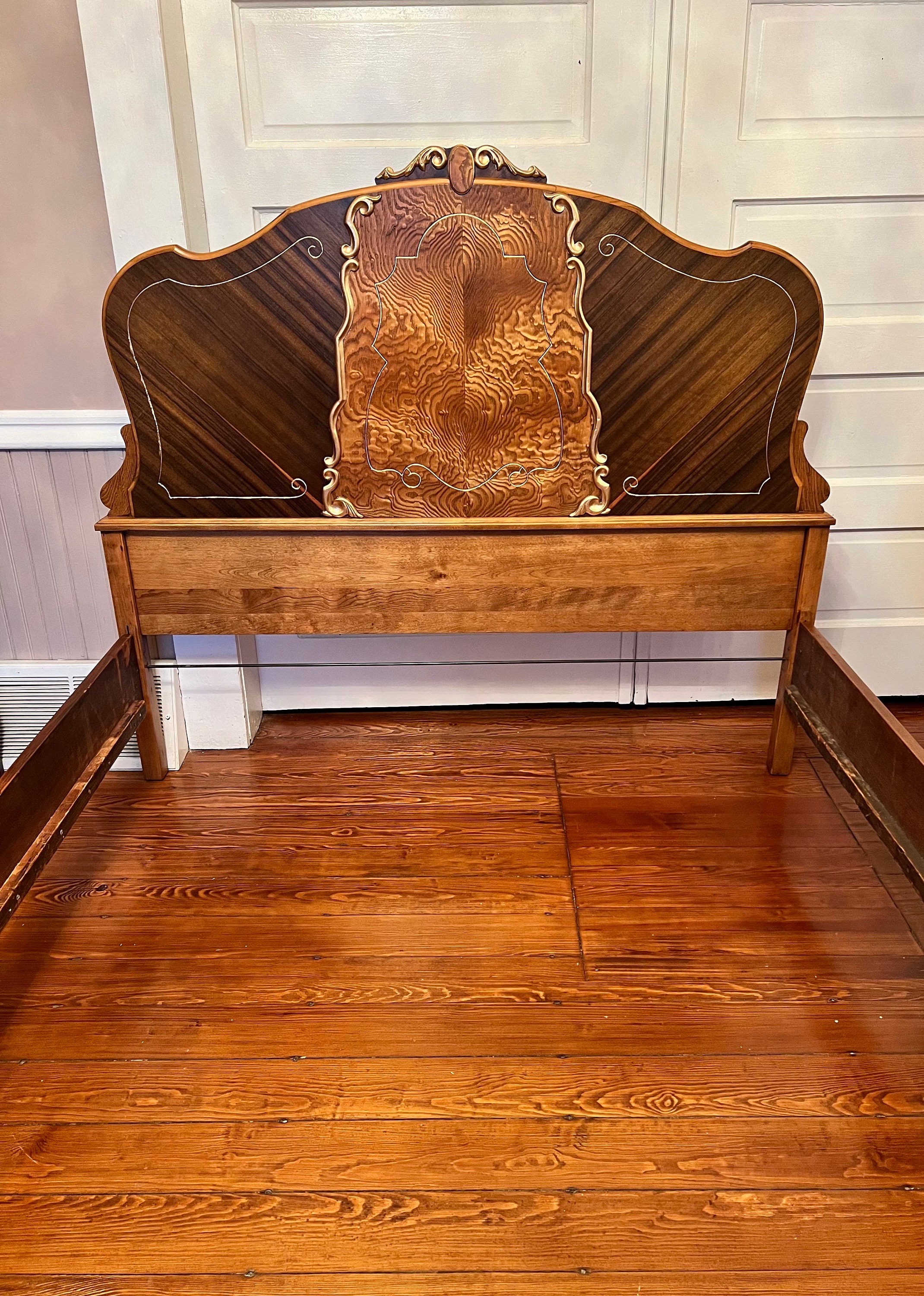 Vintage Antique Full Size Bed Art Nouveau Art Deco Wood Grain and Gold ...