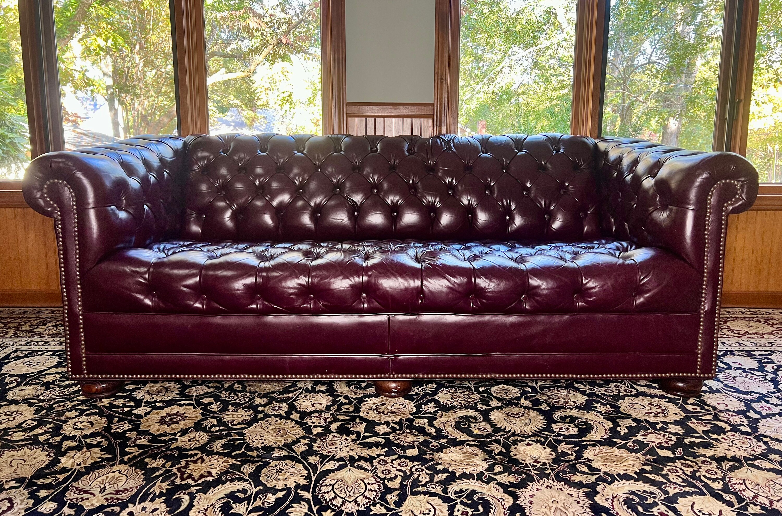 Burgundy Leather Chesterfield Sofa With Tufted Details and Rolled Arms ...