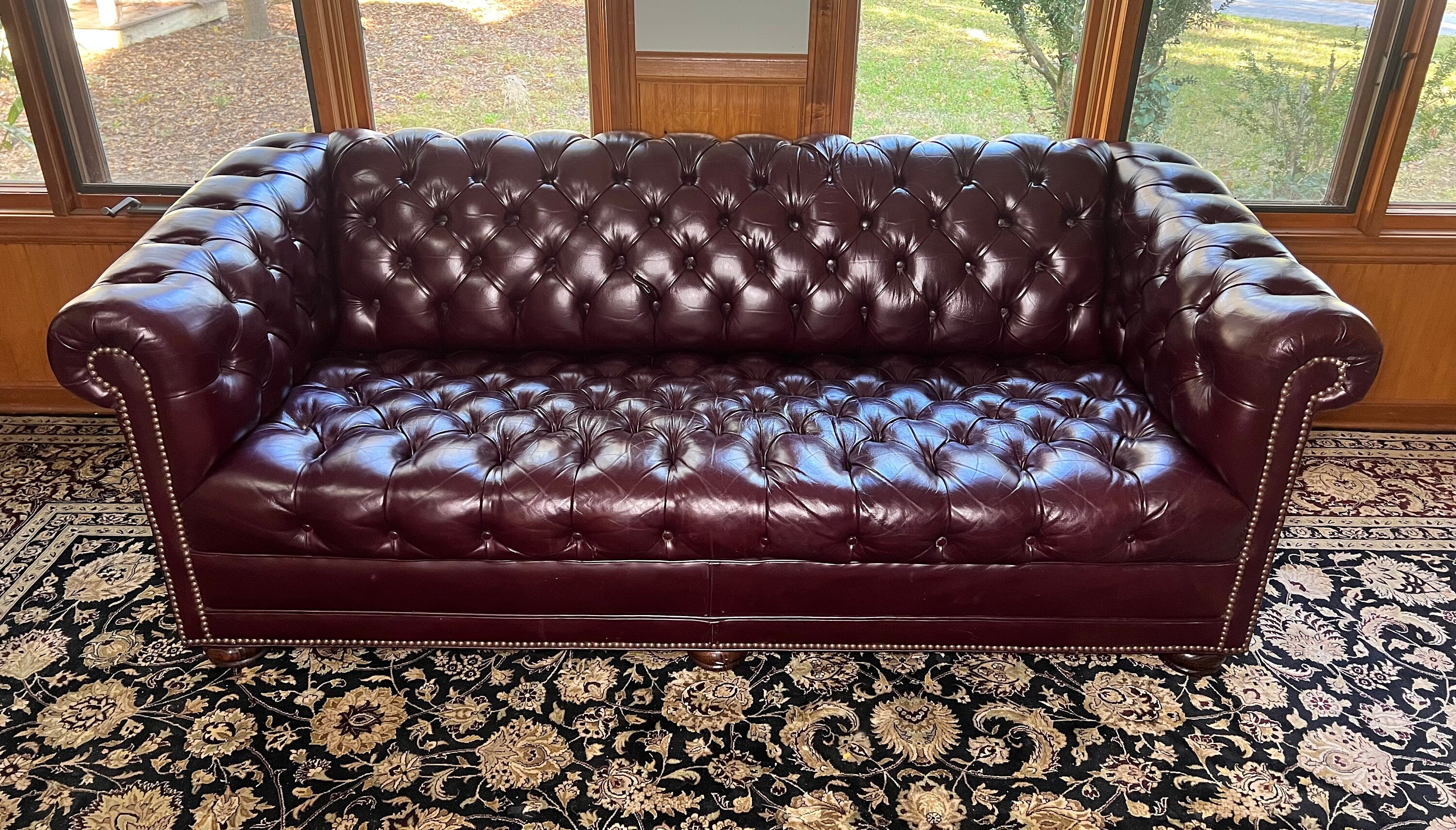 Burgundy Leather Chesterfield Sofa With Tufted Details and Rolled Arms ...