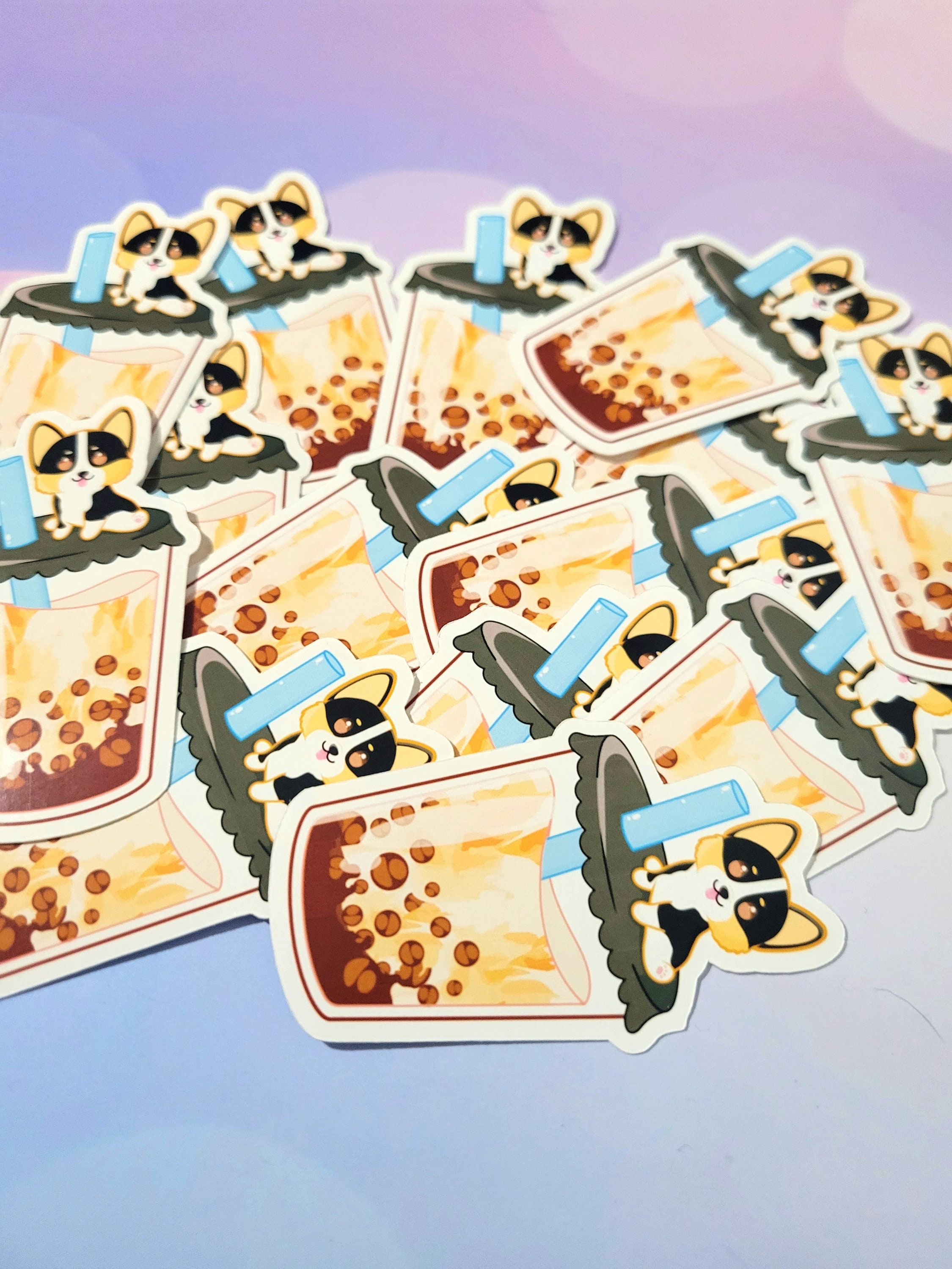 Tri-colored Corgi With Bubble Tea Vinyl Stickers, Holographic and Gloss ...
