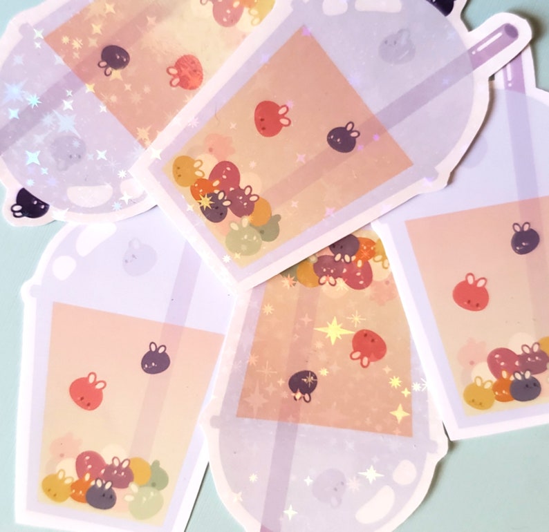 Bunny Boba Tea Vinyl Stickers Orange Holographic or Gloss - Etsy