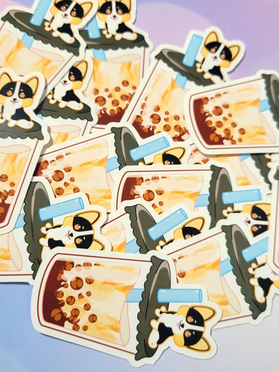 Tri-colored Corgi With Bubble Tea Vinyl Stickers, Holographic and Gloss ...