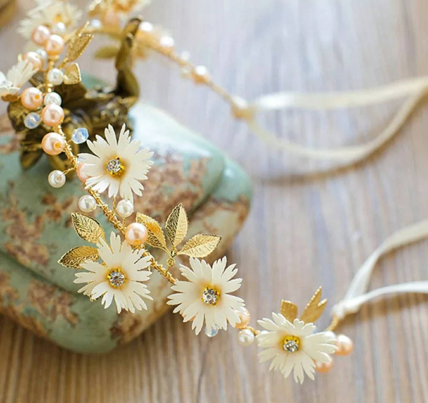 Gold Leaf Daisy Flower Head Accesory Bridal Tiara | Etsy