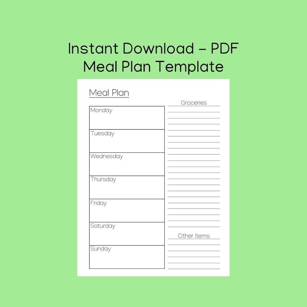 Meal Plan Template - PDF - Printable and Fillable - Etsy