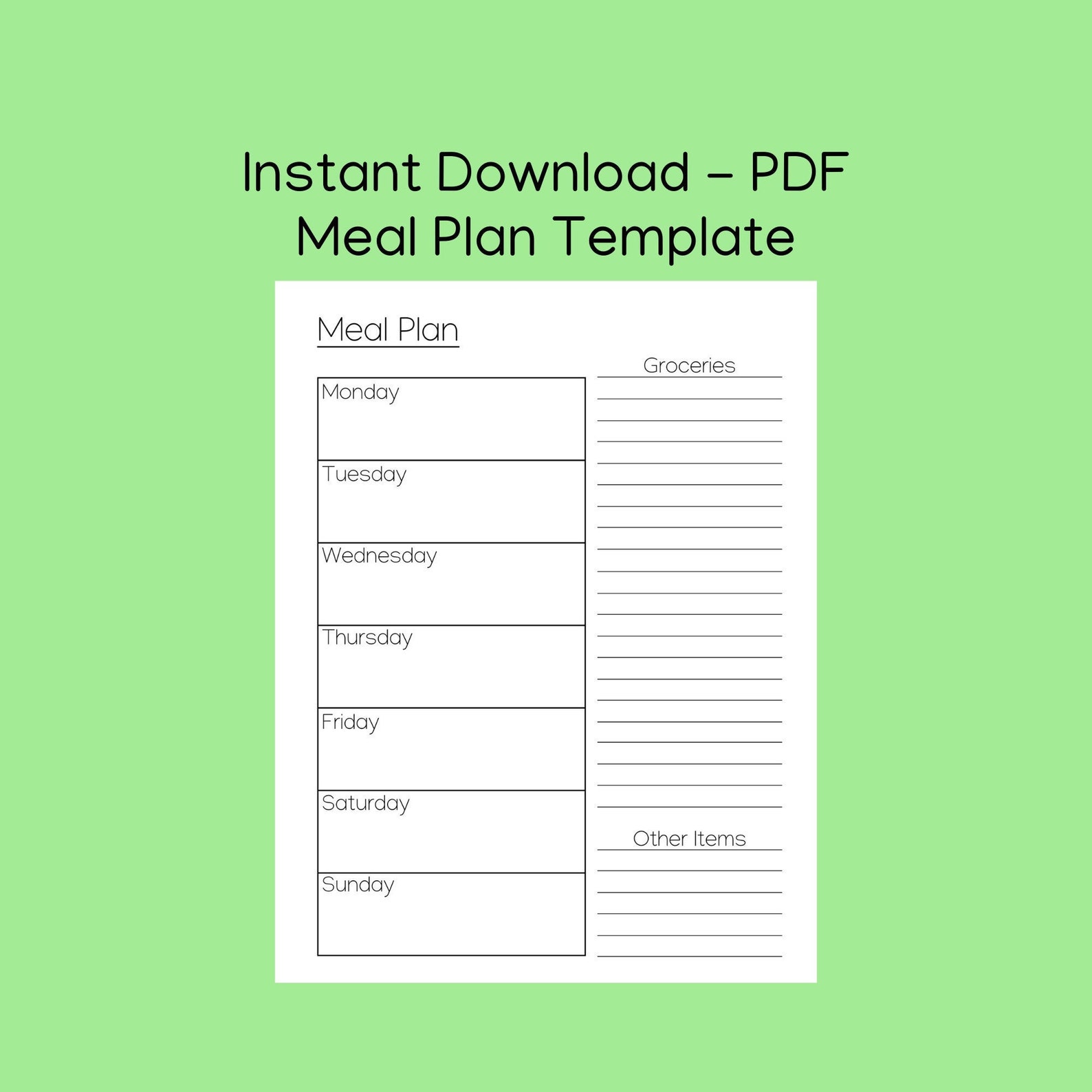 Meal Plan Template - PDF - Printable and Fillable - Etsy