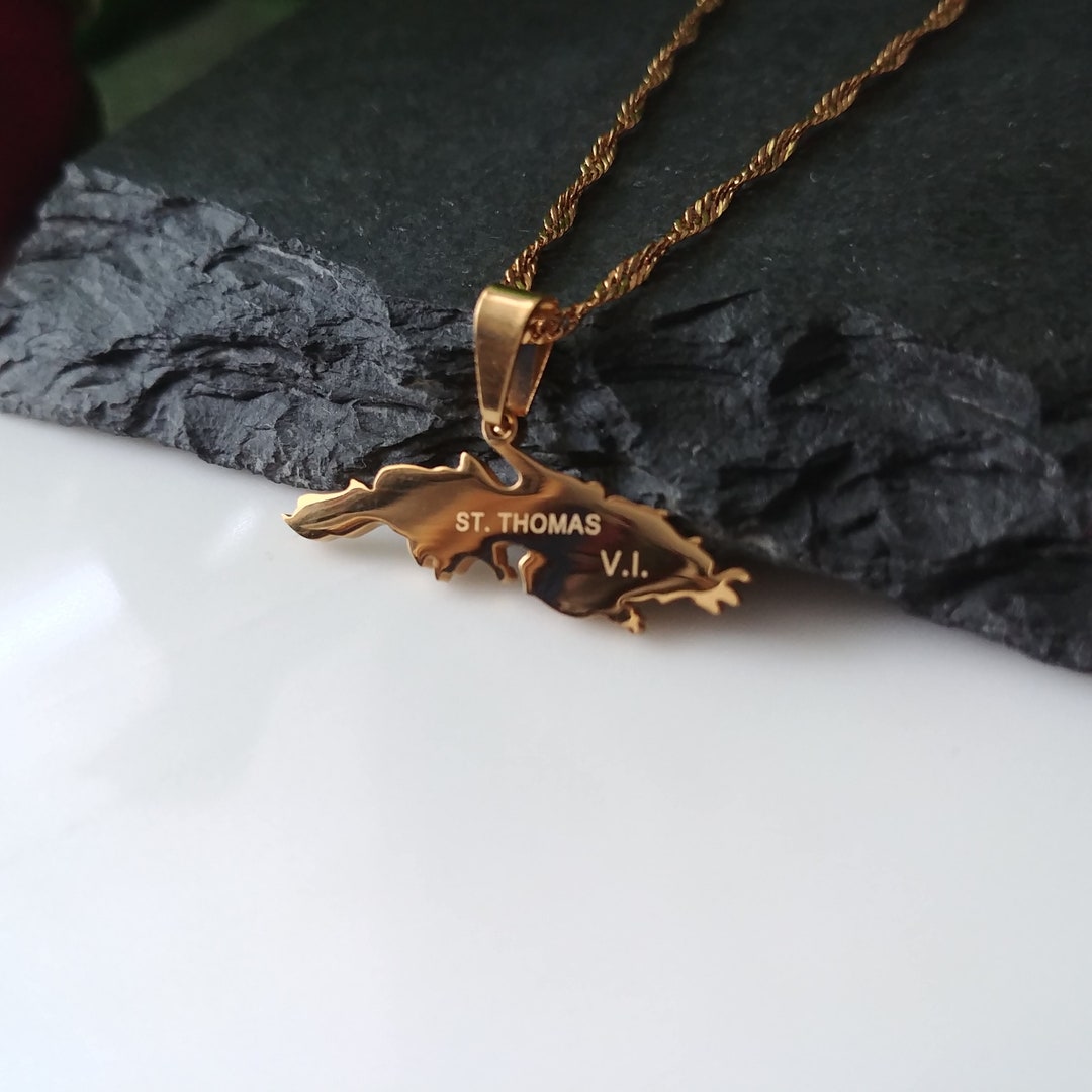 St Thomas VI Map Pendant Necklace Stainless Steel Gold Plated Caribbean ...