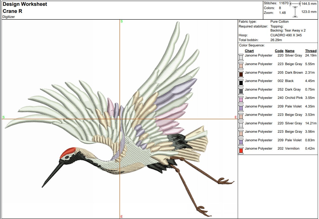 Japanese Red-crowned Crane Machine Embroidery Design, Oriental Bird ...