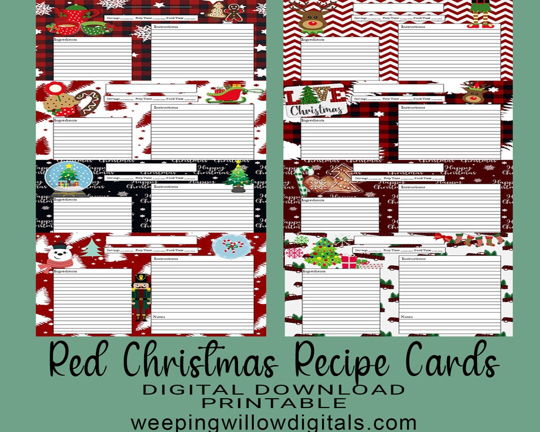 Digital Recipe Cards | Red Christmas Recipe Card | Printable Recipe ...