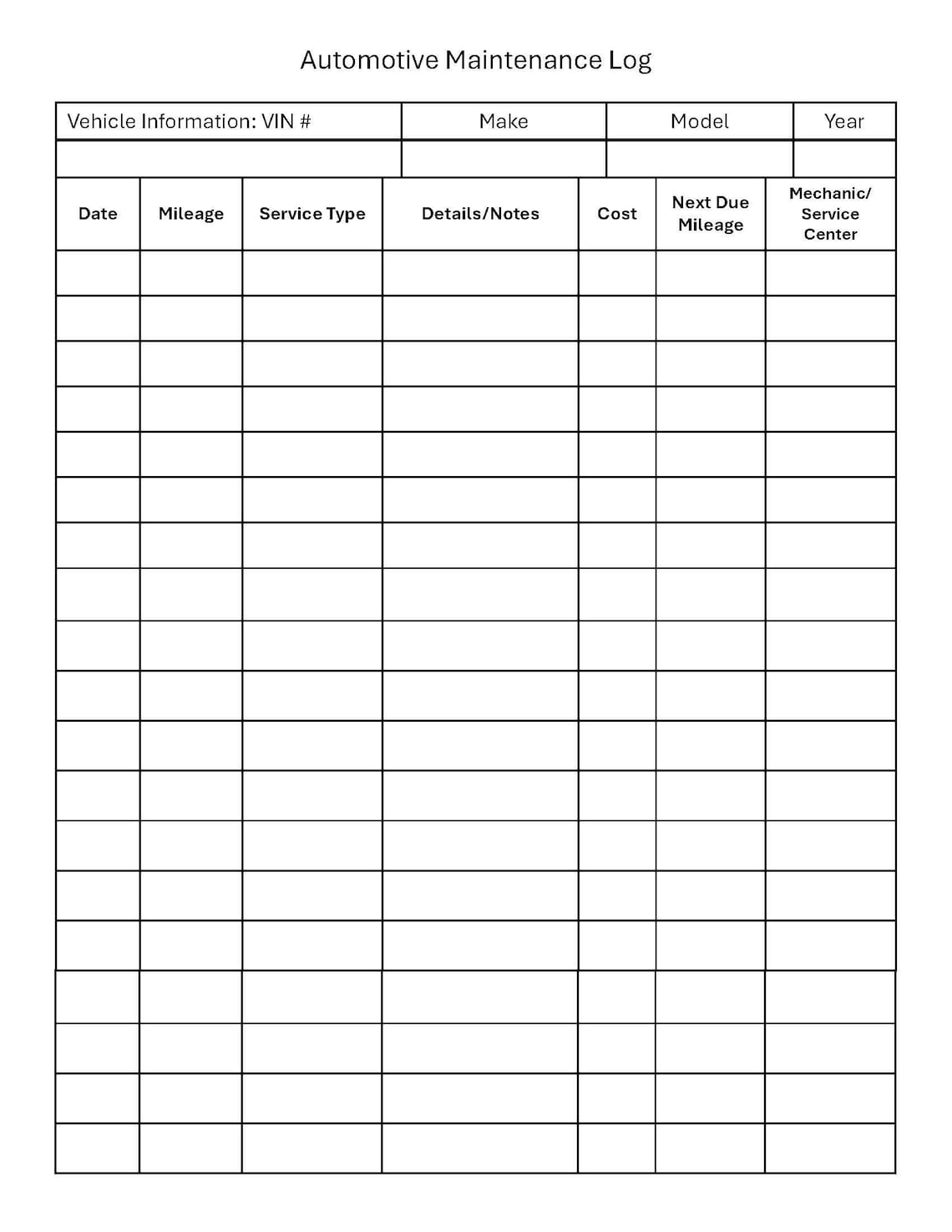Automotive Maintenance Log Sheets | Vehicle Repair Tracker | Car ...
