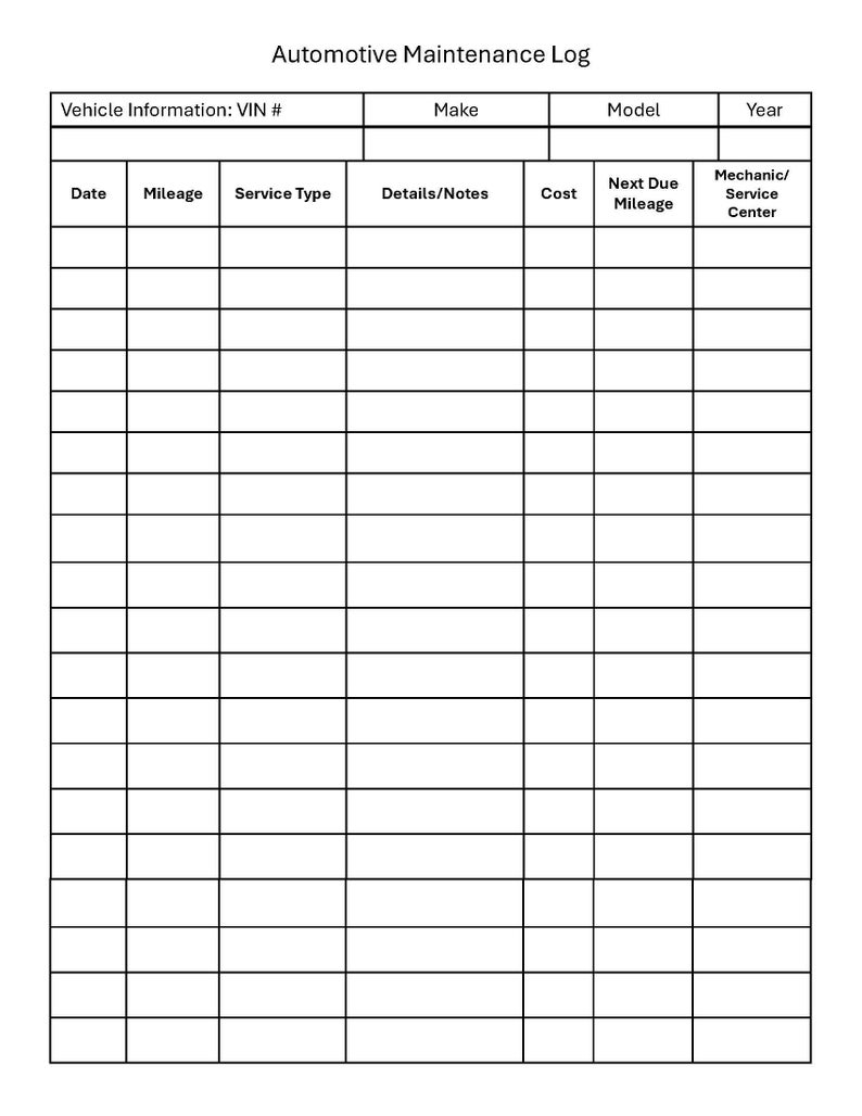Automotive Maintenance Log Sheets | Vehicle Repair Tracker | Car ...