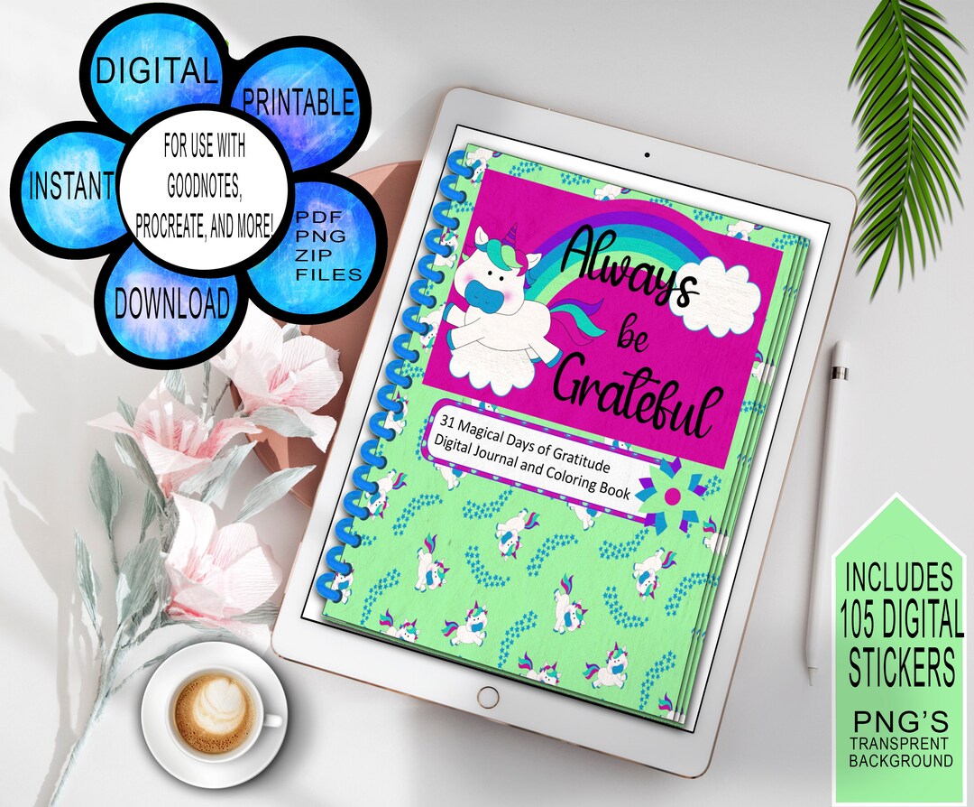 Digital Unicorn Gratitude Journal Coloring Book, Goodnotes, Procreate ...