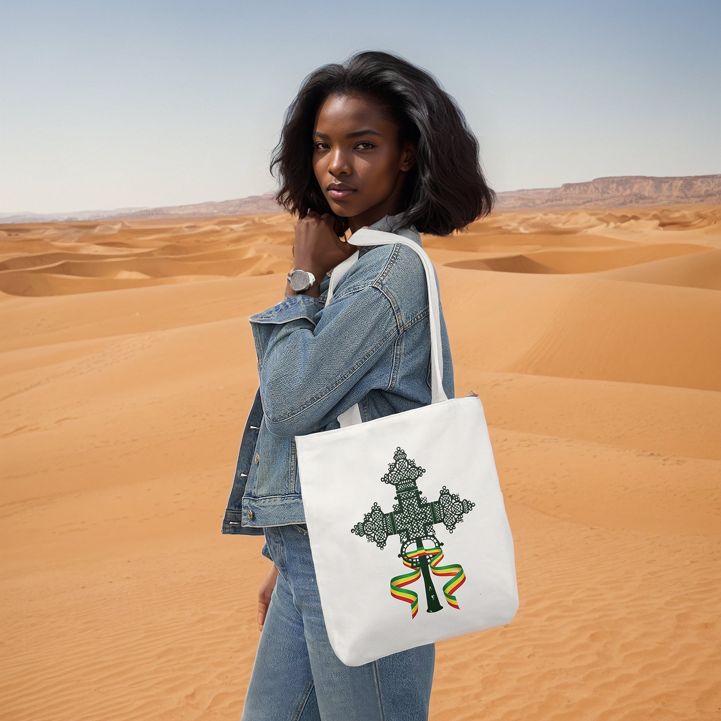 Ethiopian Cross Tote Bag (white / Green Cross) : Symbol of Culture ...