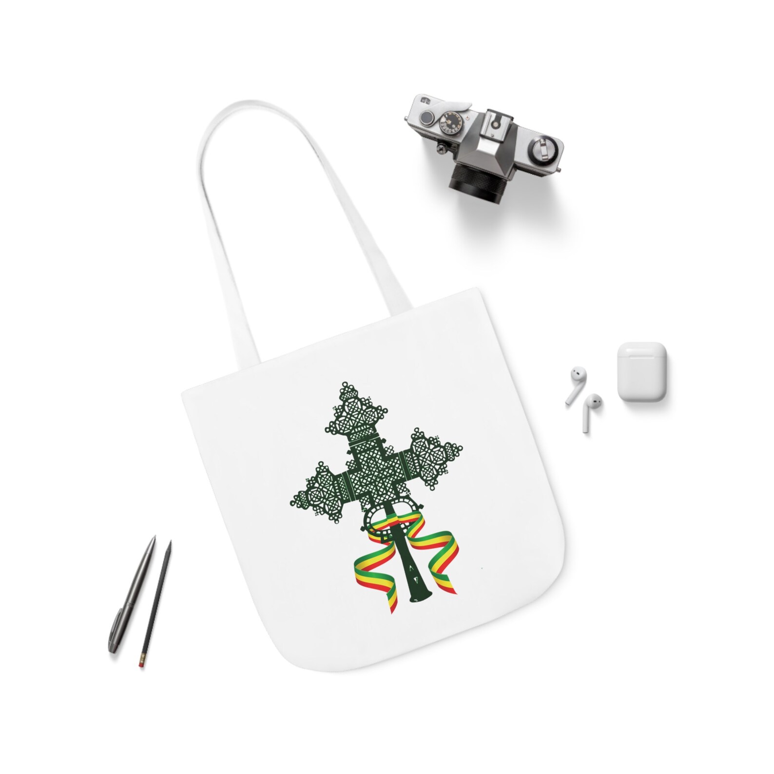 Ethiopian Cross Tote Bag (white / Green Cross) : Symbol of Culture ...