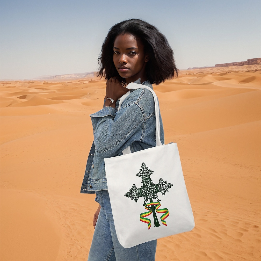 Ethiopian Cross Tote Bag (white / Green Cross) : Symbol of Culture & Spirituality | Konjo Art ...