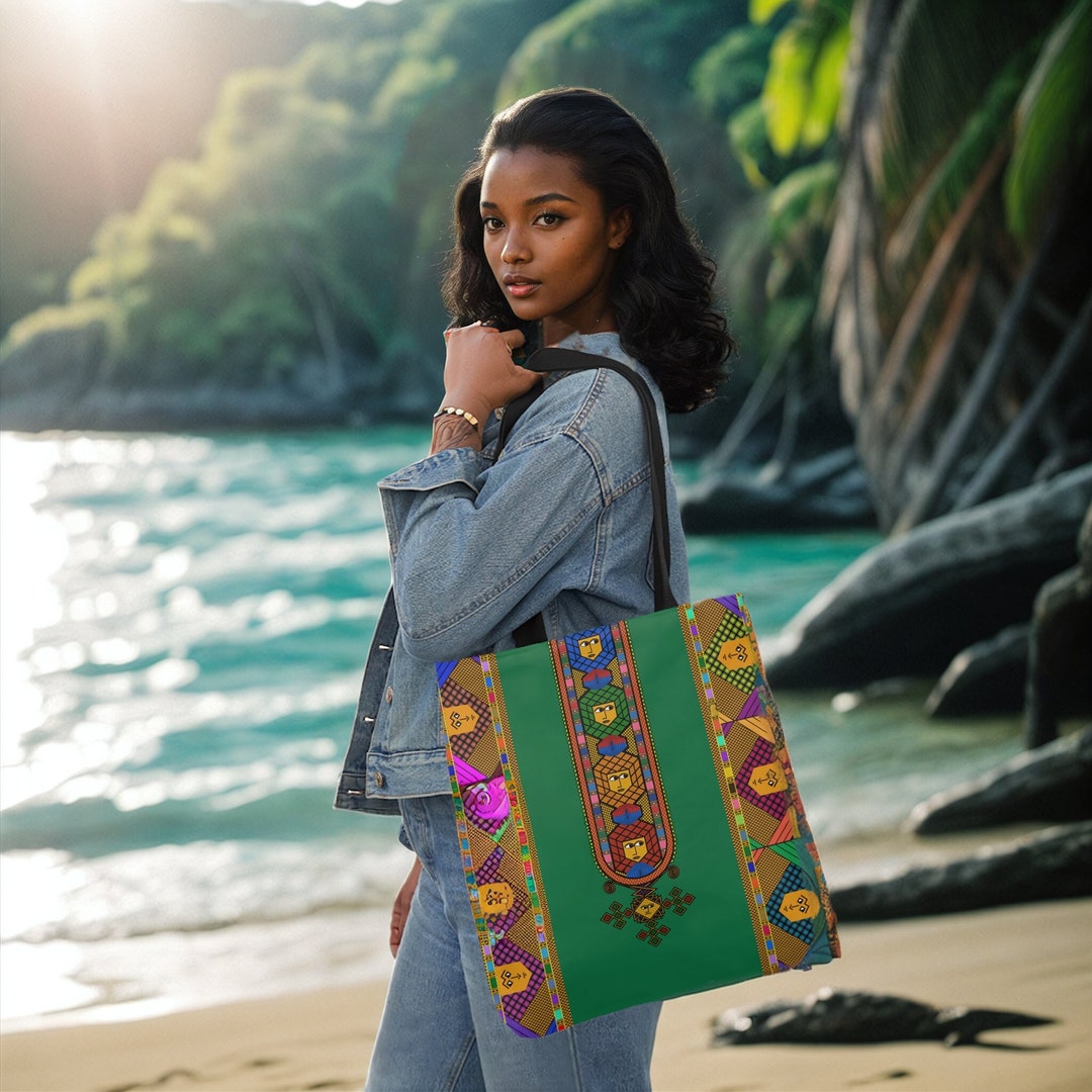 Ethiopian Queen of Sheba Tote Bag Dark Green Saba Design Polyester ...