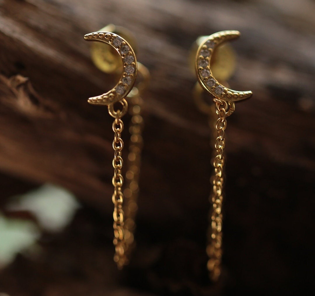 Dainty Crescent Moon Chain Dangle GOLD Sterling Silver Earrings - Etsy