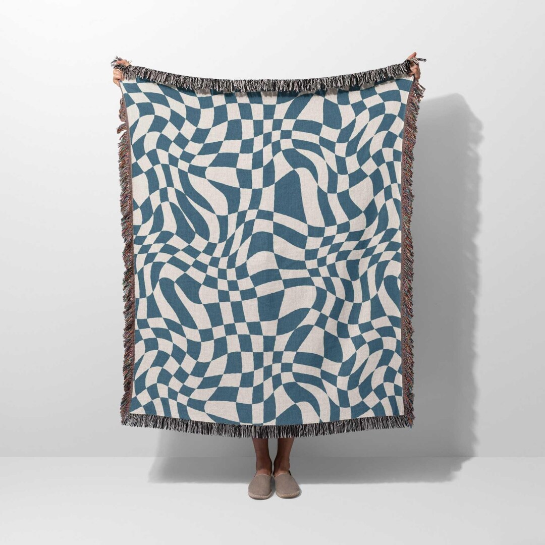 Funky Checker Woven Throw Blanket Tapestry, Blue Color Checkered Throw ...