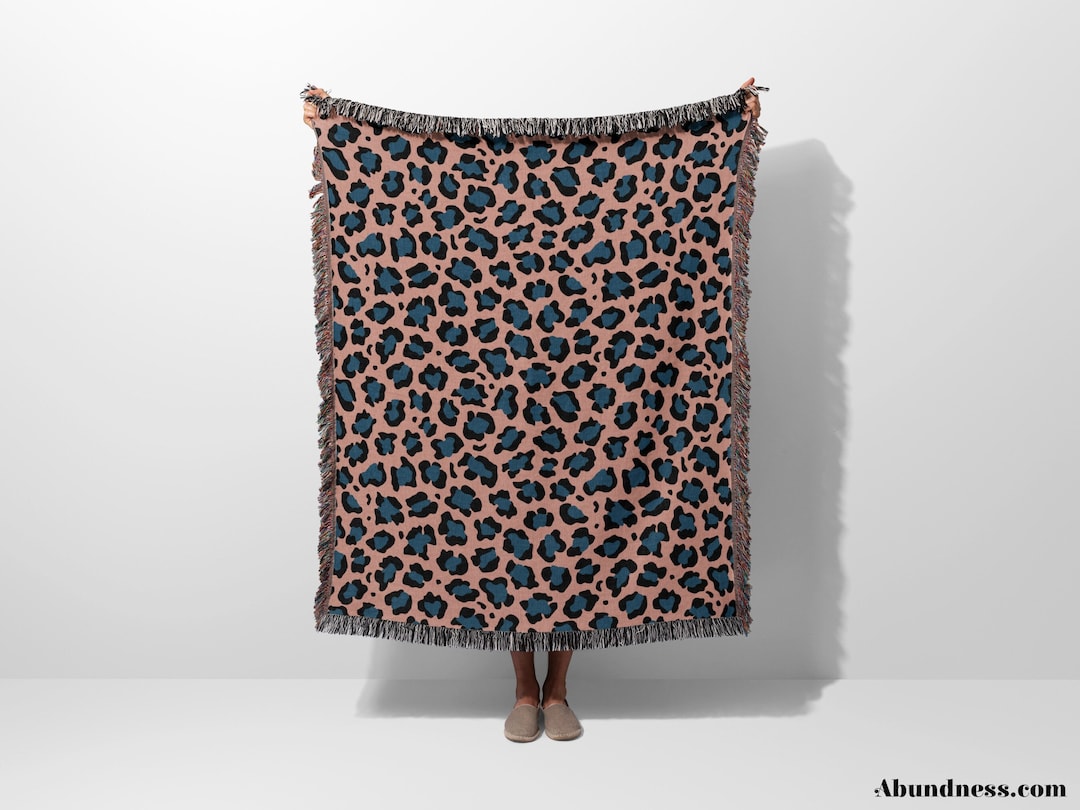 Trendy Leopard Woven Throw Blanket Tapestry Blue and Red Hues Leopard ...