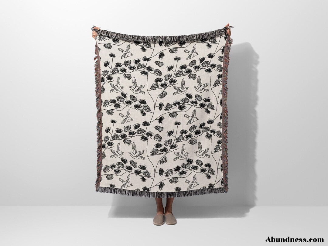Japanese Inspired Woven Throw Blanket and Tapestry With Birds and Twigs ...