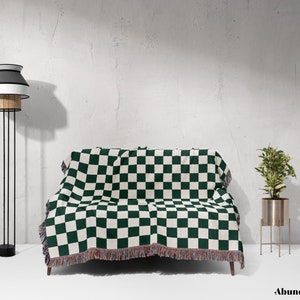Simple Checkered Woven Throw Blanket and Woven Tapestry, Green Checker ...