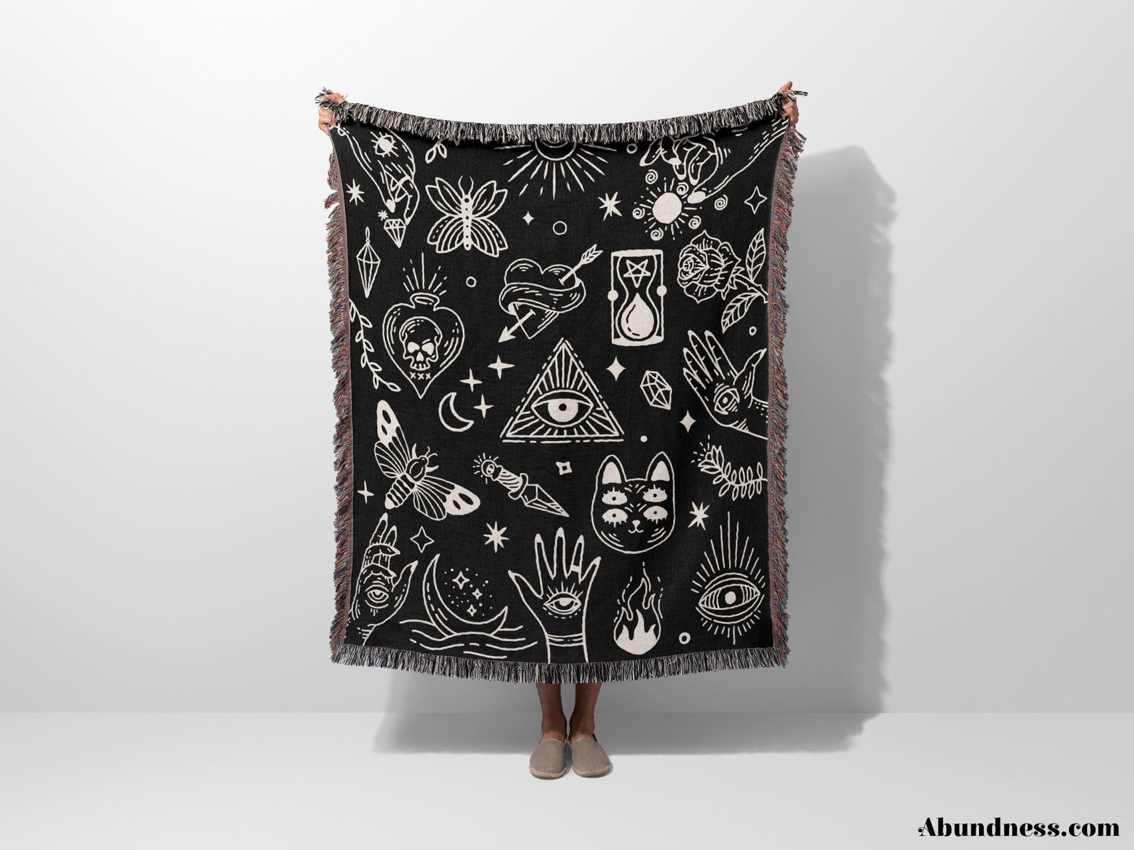 Spooky Halloween Woven Throw Blanket, Black and White Occult Tapestry ...