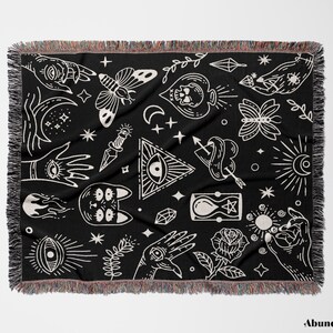 Spooky Halloween Woven Throw Blanket, Black and White Occult Tapestry ...