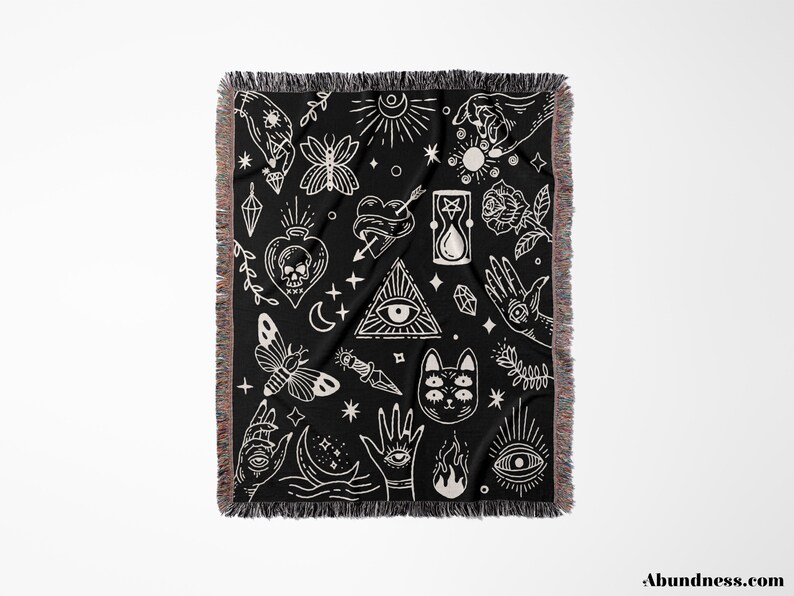 Spooky Halloween Woven Throw Blanket, Black and White Occult Tapestry ...