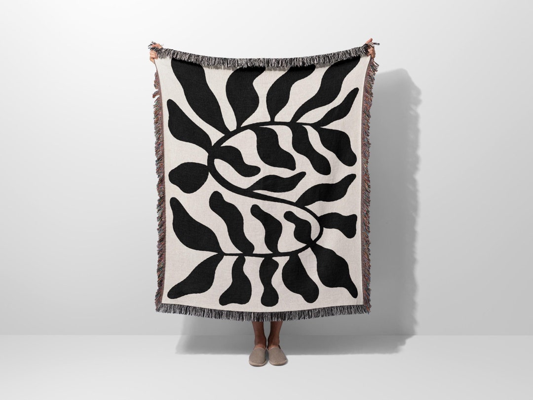 Matisse Leaf Blanket, Black and White Woven Throw With Fringe, 100% ...