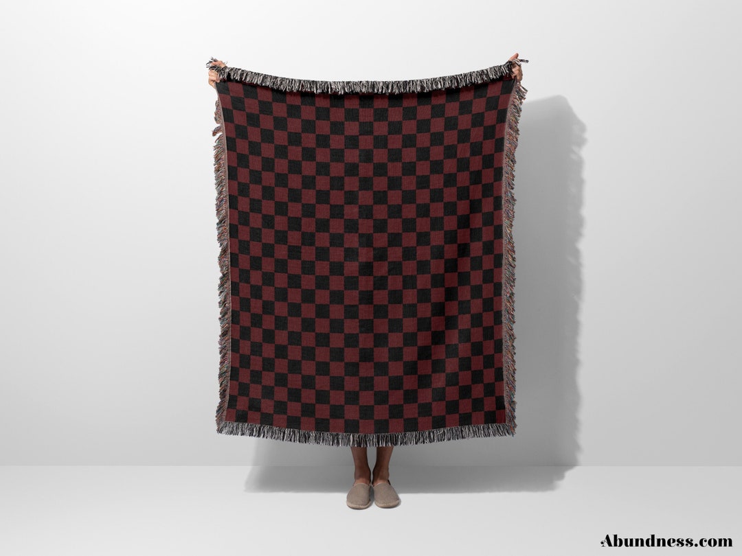 Checkered Woven Throw Blanket, Black and Darker Red Color Classic ...