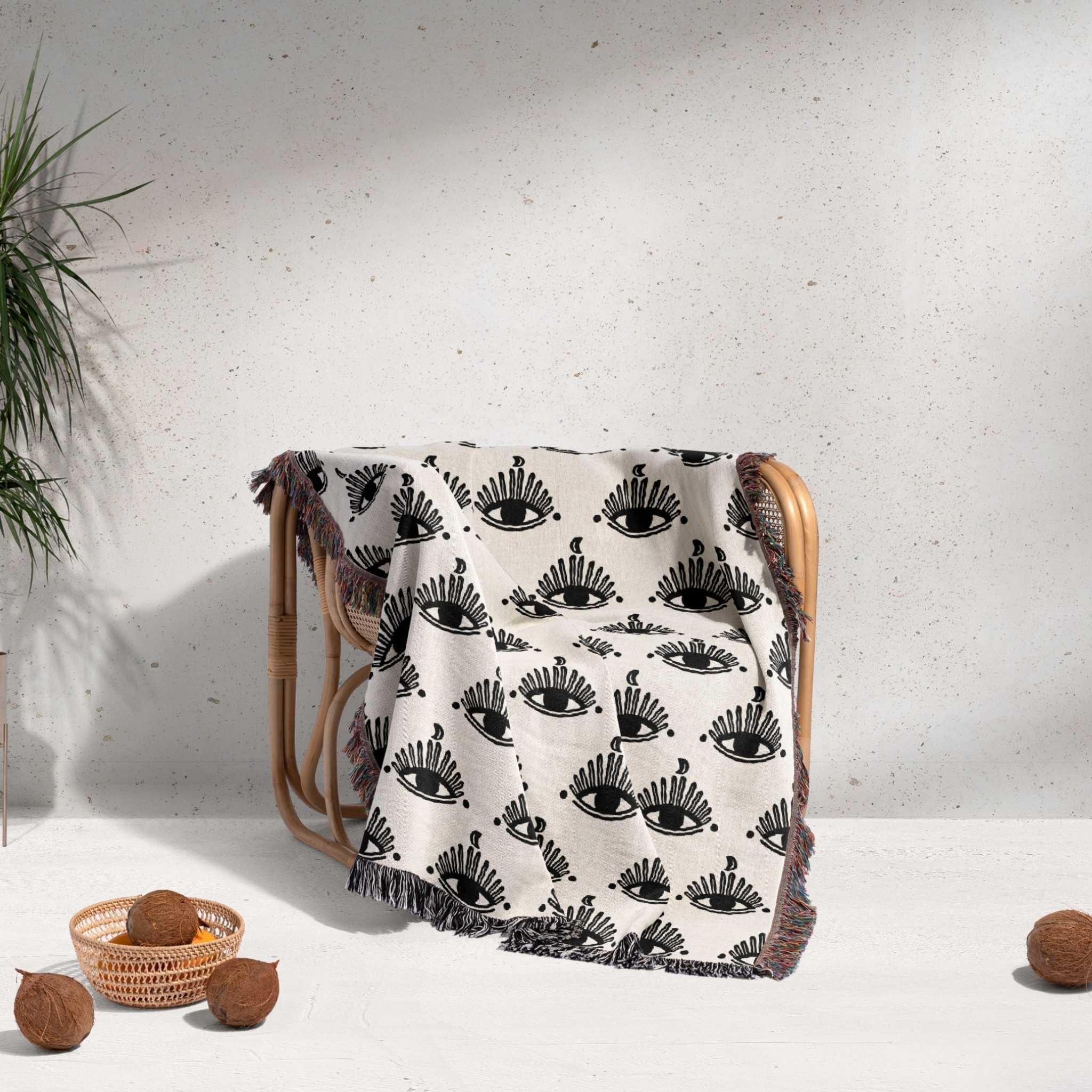 Minimalist Blanket Evil Eye Woven Throw Blanket Tapestry, Black and ...