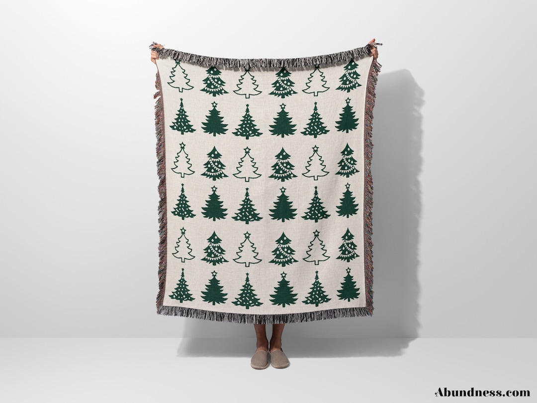 Forest Green Christmas Woven Throw Blanket, Traditional Christmas Trees ...