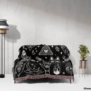 Spooky Halloween Woven Throw Blanket, Black and White Occult Tapestry ...