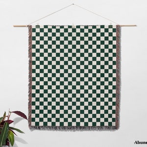 Simple Checkered Woven Throw Blanket and Woven Tapestry, Green Checker ...