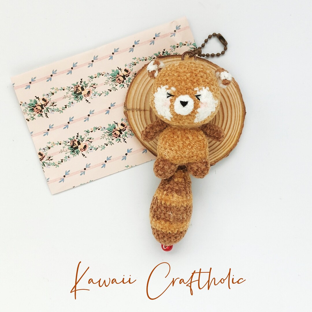 Kawaii Crochet Red Panda Mascot, Chenille Yarn Mini Amigurumi Bag Charm ...