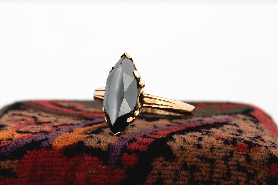 Vintage Mid-century 10k Yellow Gold Navette Hematite Cocktail Ring, “black Alaskan” Stone Ring ...