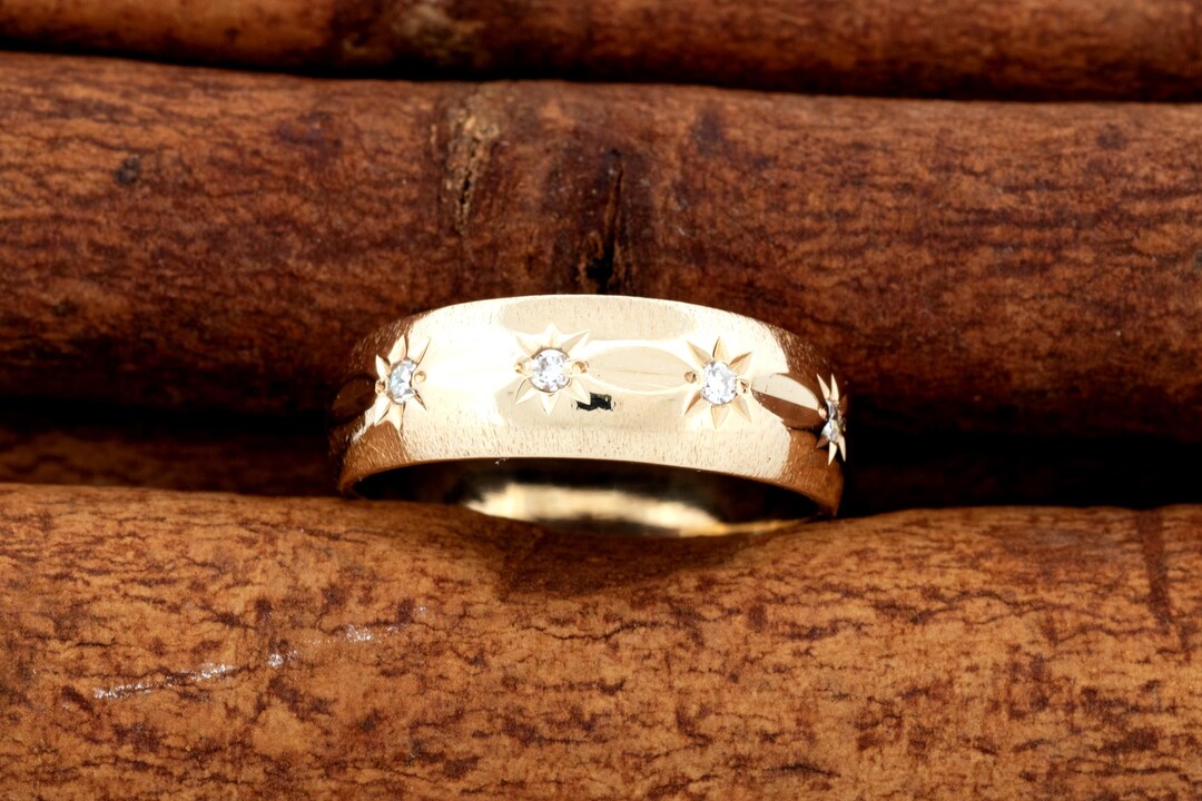 Vintage 10k Yellow Gold Star-set Diamond Tapered Wedding Band, Johnson ...