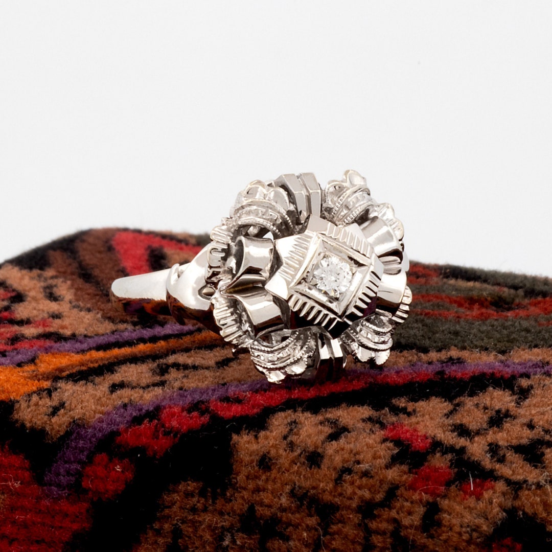 Italian-made Mid-century 18k White Gold Diamond Ornate Statement Ring ...