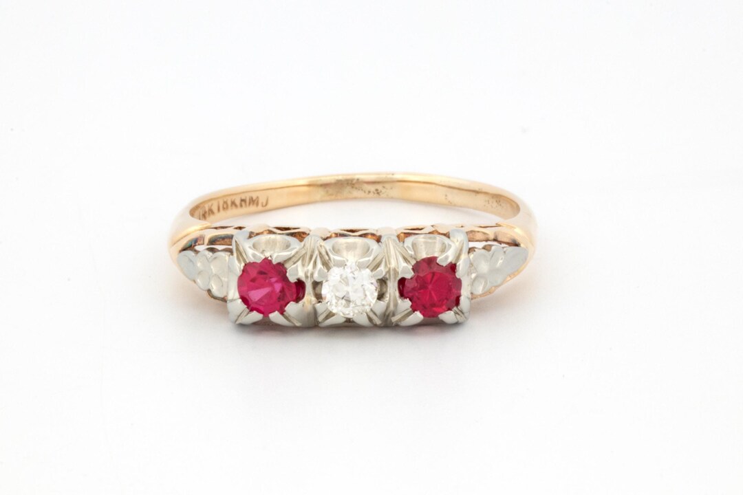 Vintage 14k Yellow and 18k White Gold Diamond and Ruby Trinity Ring ...