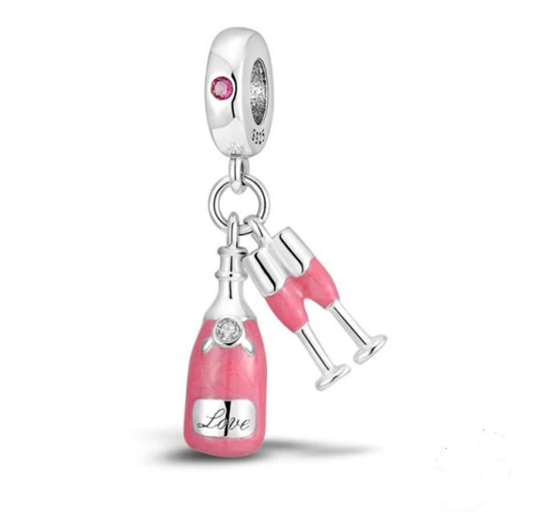 Champagne Glass Celebration Charm Pink Dangle Charm Genuine 925 ...
