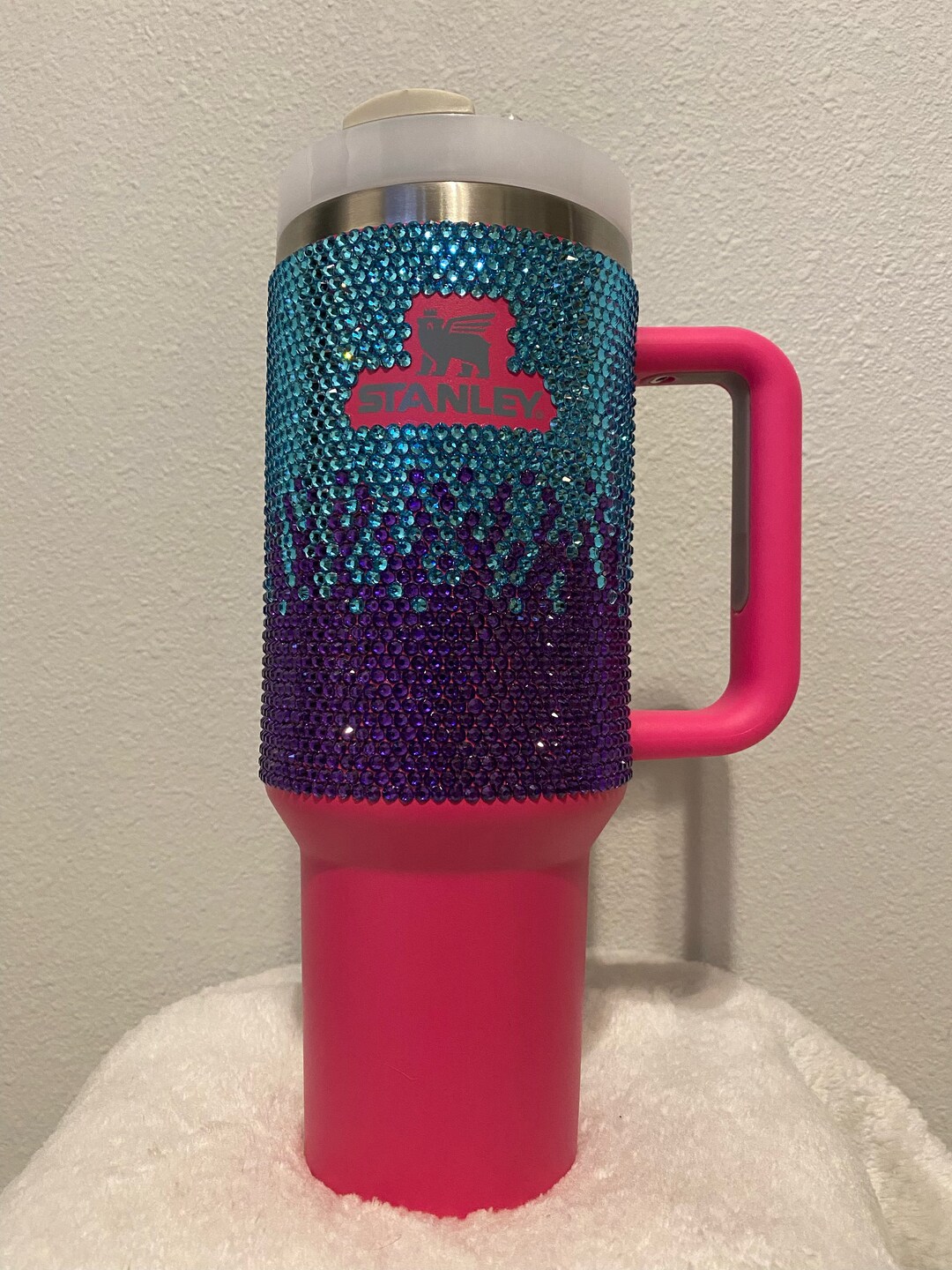 Stanley Tumbler 40oz - Pink With Purple and Teal Rhinestones - Hand ...