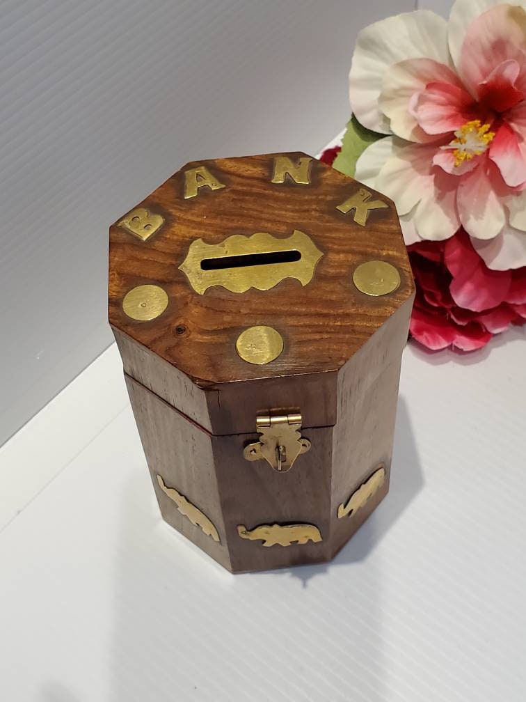 Vintage Wood and Brass Elephant Coin Bank Elephant Decor - Etsy