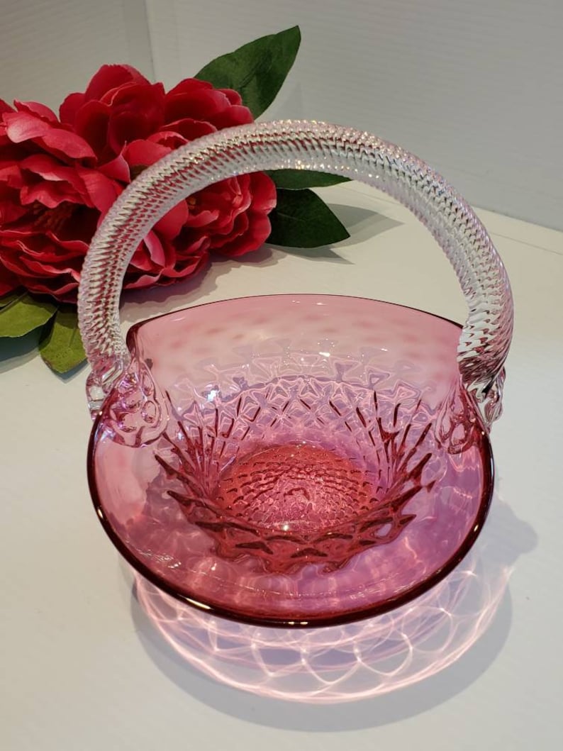 Vintage Cranberry Glass Basket, Blown Glass Basket, Art Glass Decor ...