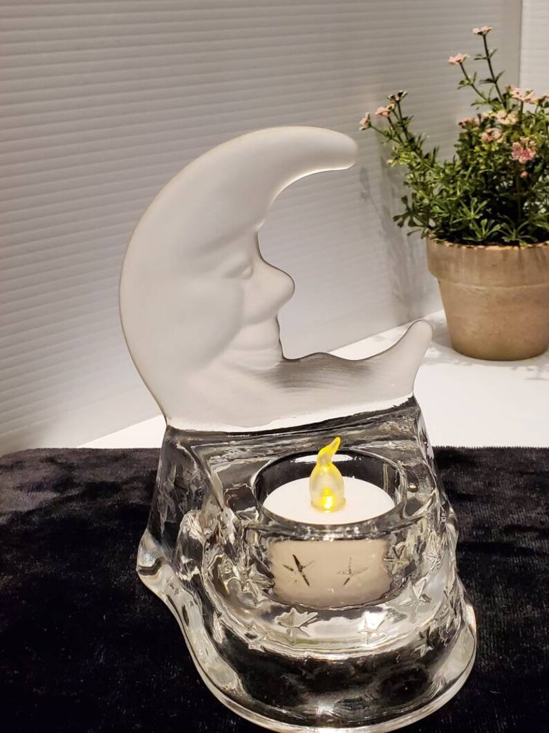 Vintage Clear Frosted Glass Moon and Stars Tealight Holder, Moon Candle ...