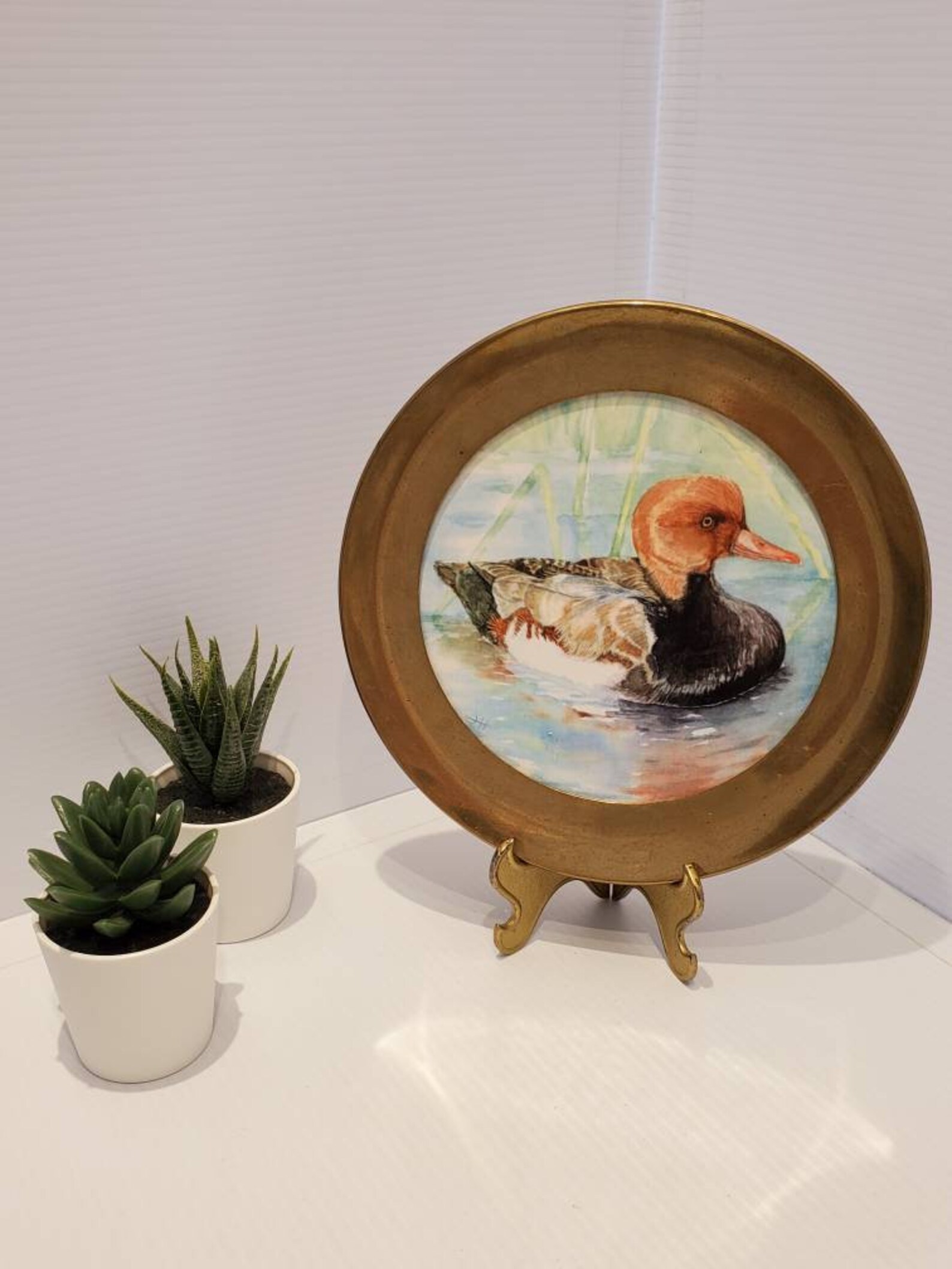 Vintage Pottery Brass Duck Plate Wall Decor, Duck Decor, Hand Painted ...