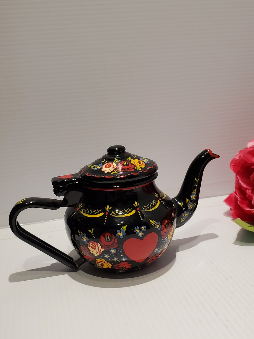 Vintage Folk Art Heart Enamelware Teapot, Russian Folk Art Metal Teapot ...