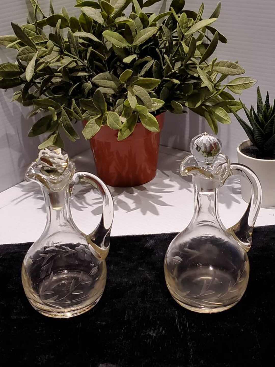Vintage Floral Etched Clear Glass Cruet Set, Kitchen Dining Servingware ...