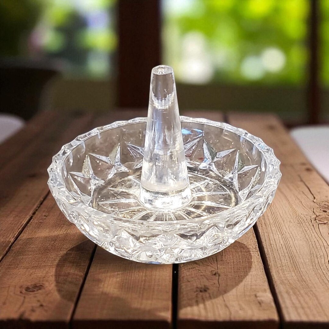 Vintage Clear Pressed Glass Ring Dish Holder, Jewelry Storage, Dresser ...