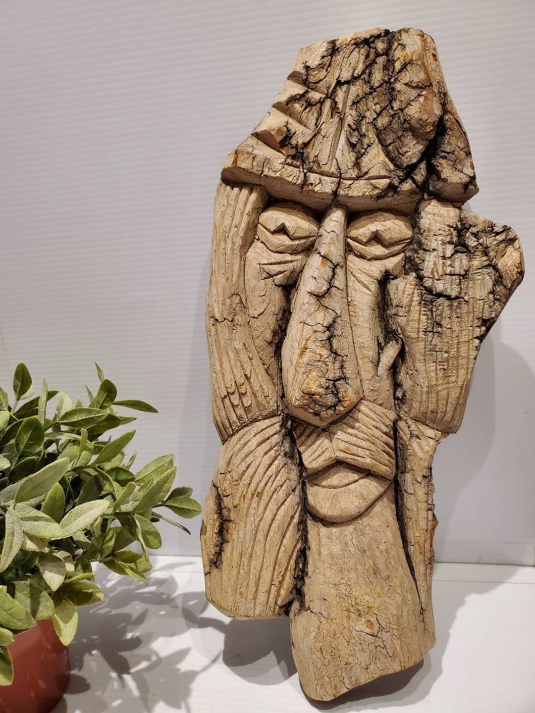 Vintage Hand Carved Wooden Face Wall Hanging, Rustic Weathered Carved ...