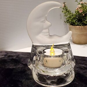 Vintage Clear Frosted Glass Moon and Stars Tealight Holder, Moon Candle ...